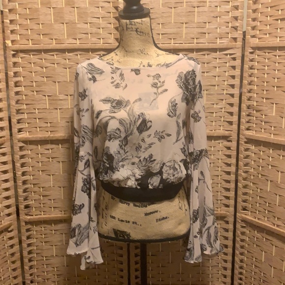 Tops | Rose Print Blouse Long Bell Sleeves Size Sp | Poshmark
